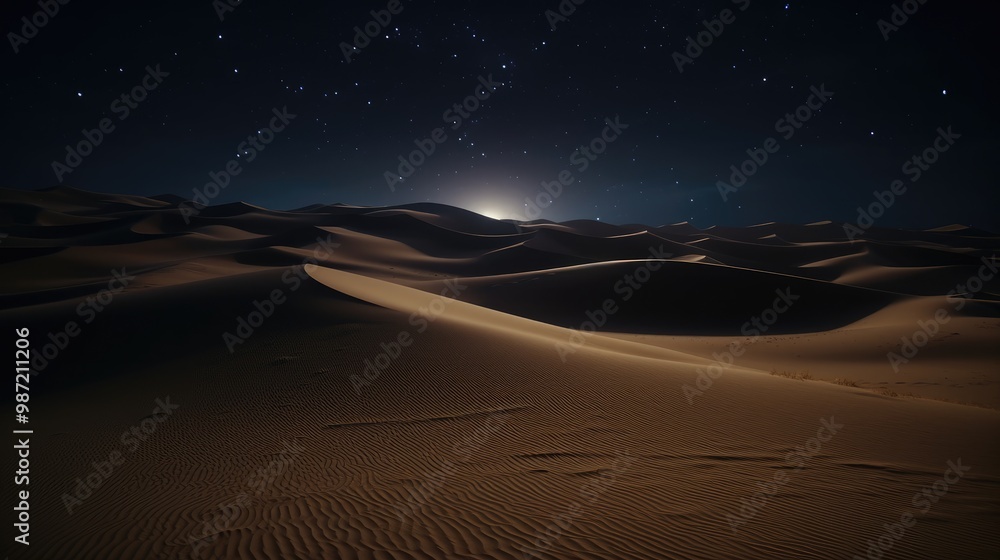 Sand dunes overlooking the sunset, sunrise. Desert at night under a ...