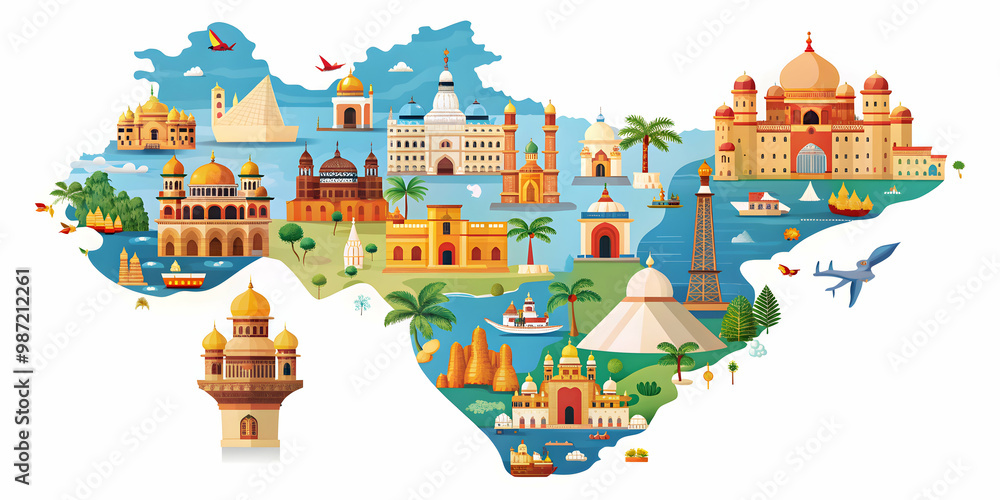 Ilustración de Stock Illustrated map of India showcasing famous ...