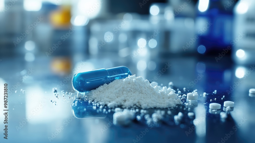 A close-up of white powder spilling from a blue capsule onto a clean ...