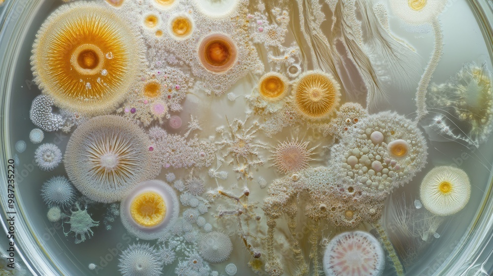 Petri dish with various bacterial and fungal colonies forming intricate ...