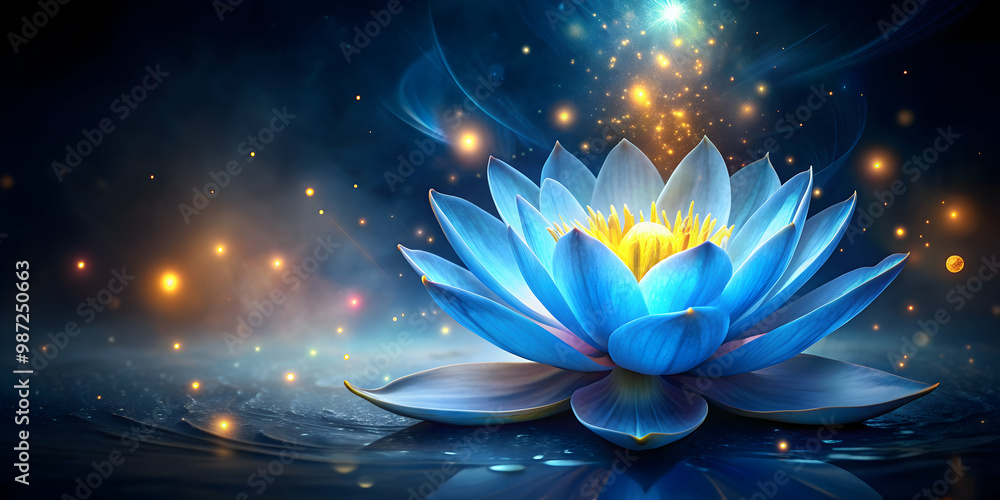 Blue lotus flower with glowing lights and yellow center surrounded by ...