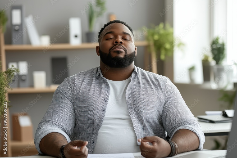 Calm and Collected: Plus-Size Man Practicing Deep Breathing for ...