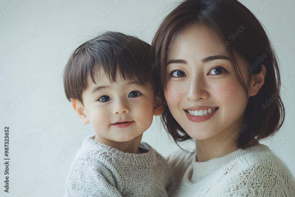 Young Japanese mother holding her cute young son, both looking into the camera, in front of a ...