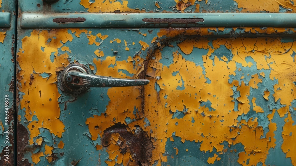 Layers of vibrant blue and yellow paint flake off an old vehicle door ...