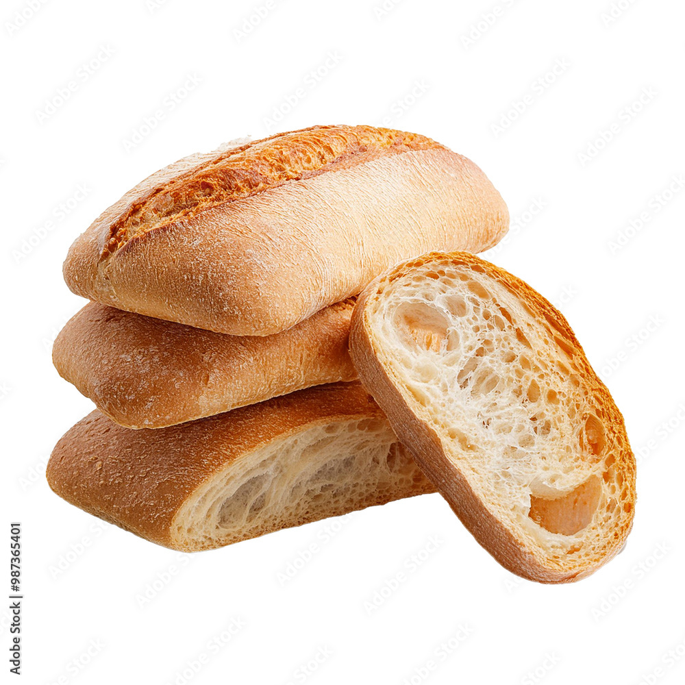 Ciabatta Italian bread bun loaf slice on. Different angles, stack, pile ...