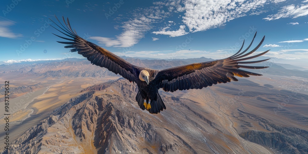 A magnificent Andean condor soars effortlessly over the expansive ...