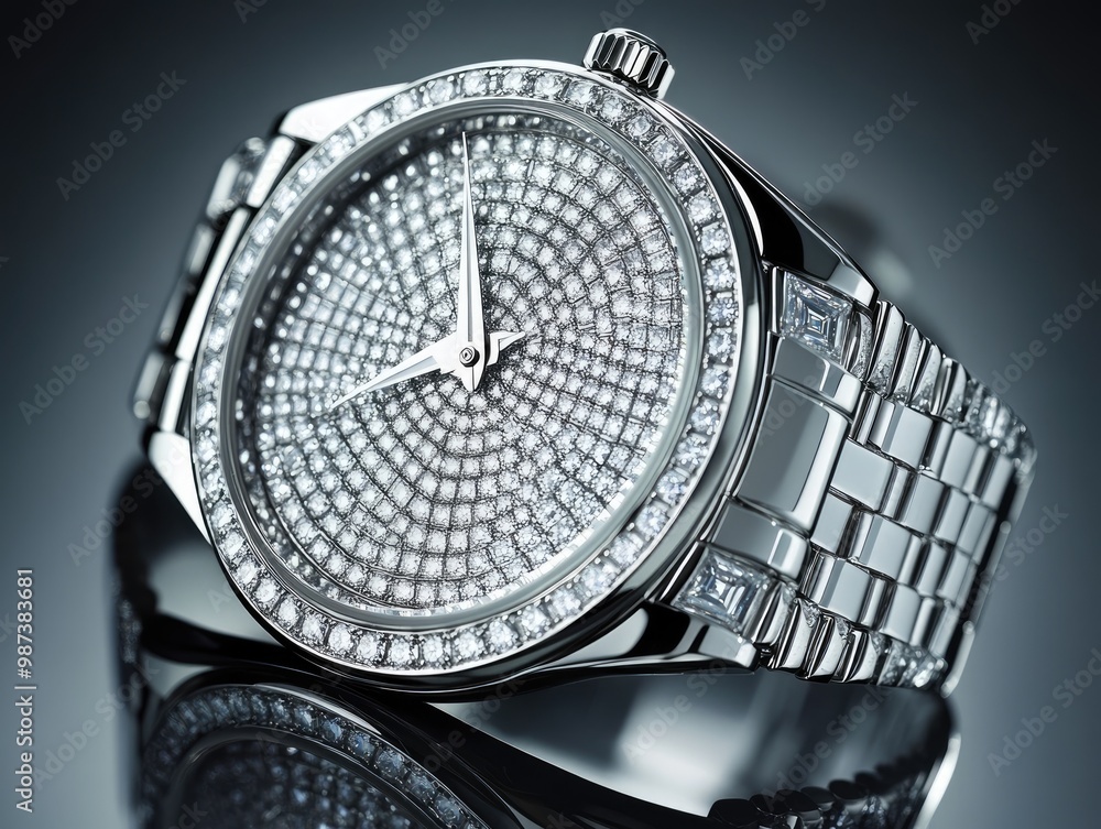 A high-end diamond watch with a sleek metal band, encrusted with small ...