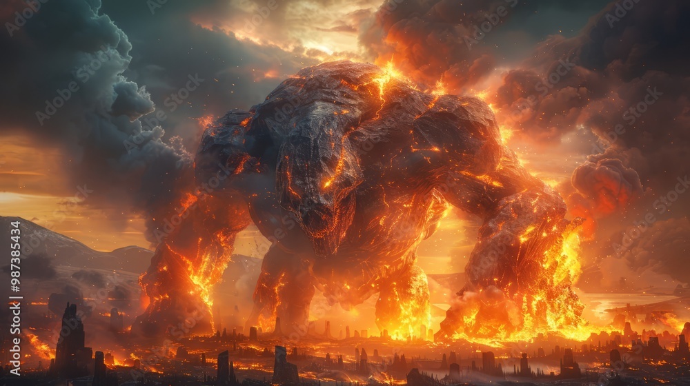 A colossal creature of fire and ash looms in the ruins, breathing ...