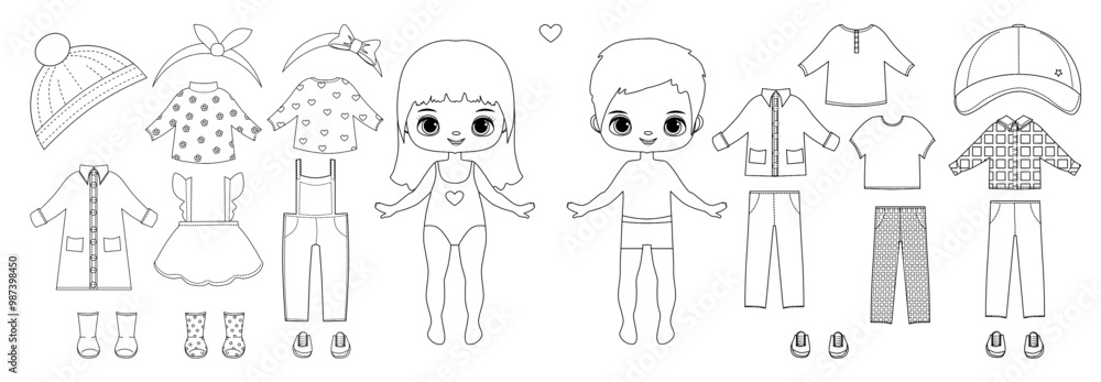 Paper doll outline. Paper doll clothes. Boy, girl, baby. Coloring page ...