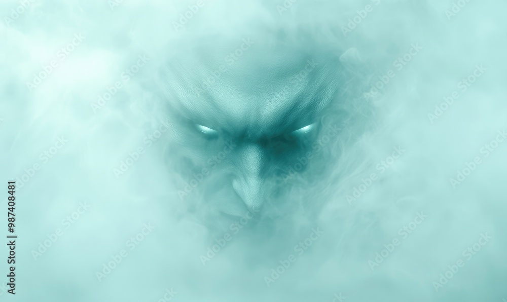 Eerie mist reveals a haunting face with glowing eyes, creating an ...