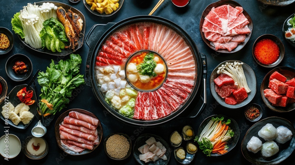 Top view of a Shabu-Shabu dining setup with a hot pot in the center ...