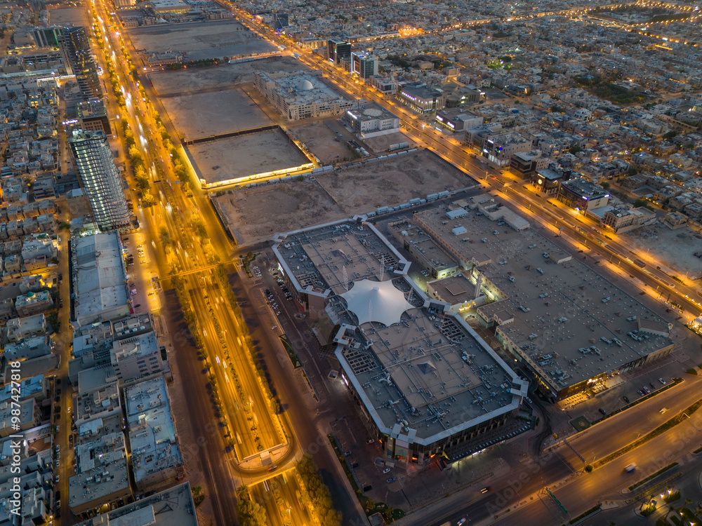 Drone shot flying. Saudi Arabia. Riyadh. Kingdom tower. Sunset. Evening. Stock Photo | Adobe Stock