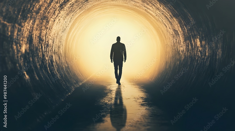 Silhouetted figure walking into a dimly lit tunnel the light fading ...