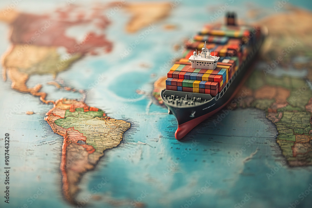 Container ship model on world map on transcontinental transportation ...