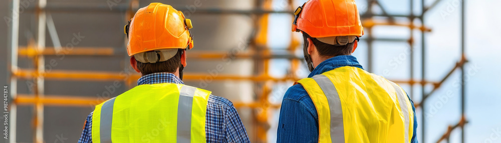 Construction workers wearing fall protection gear on scaffolding ...