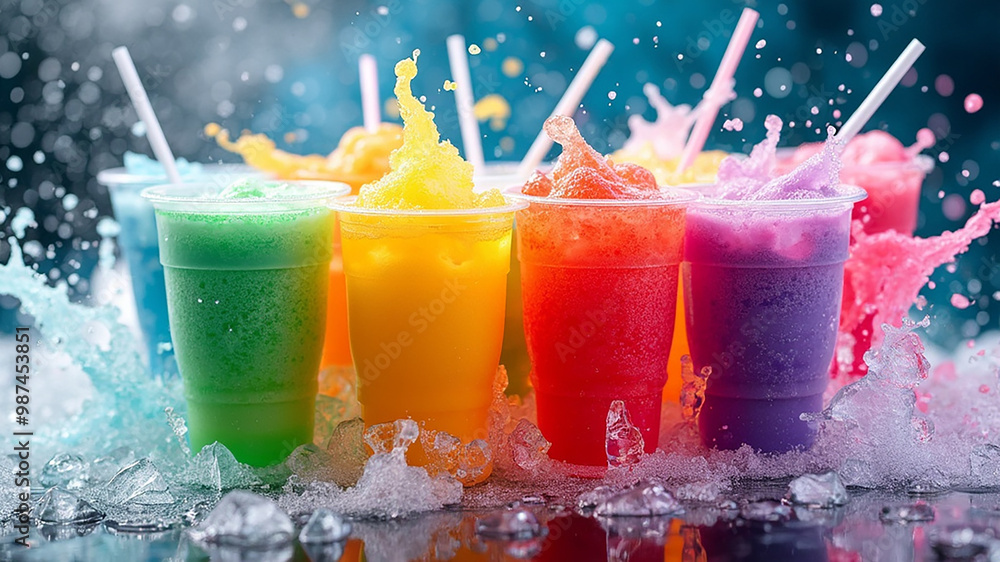 frozen colorful frozen fruit granita drinks flowing into takeaway ...