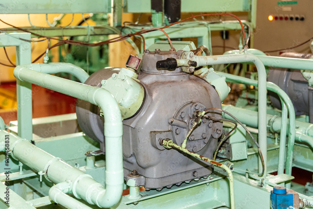 Refrigeration unit with compressors and equipment installed in the ship ...