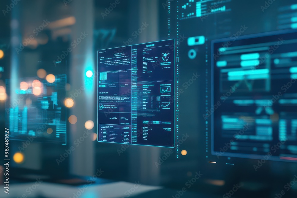 Digital bills processing, floating augmented screens, modern office ...