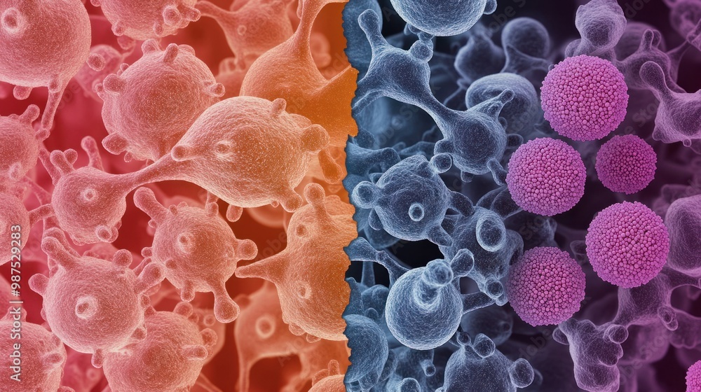 Healthy cells vs. cancer cells in a side-by-side comparison, illustrating the visual difference ...