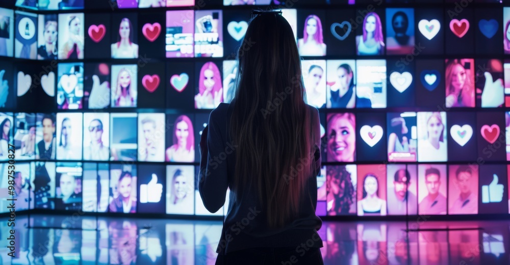 Backview Of Caucasian Woman Connecting to Animated Stream Of Content ...