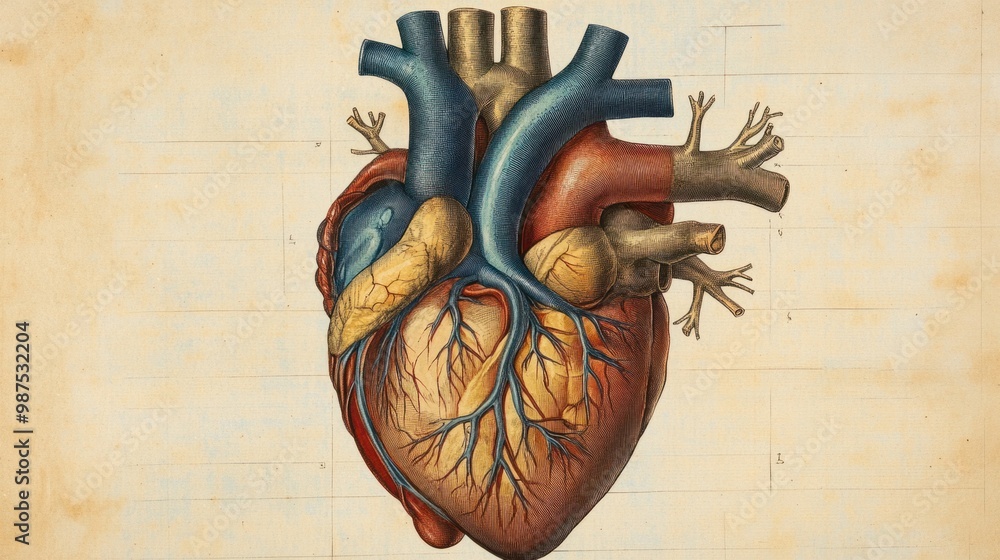 Anatomical diagram of the heart with labeled chambers, valves, and ...