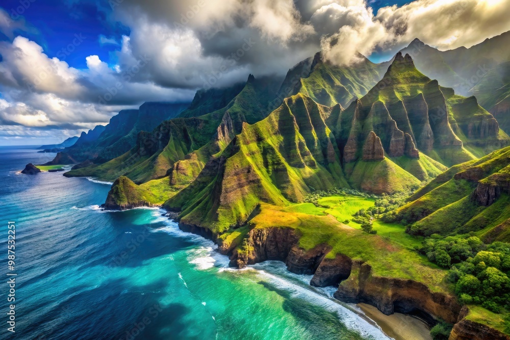 Dramatic coastal cliffs of Na Pali Coast plunge into lush green ...