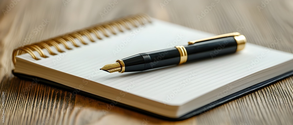 Blank notebook page with a black pen lying on a wooden desk or table ...