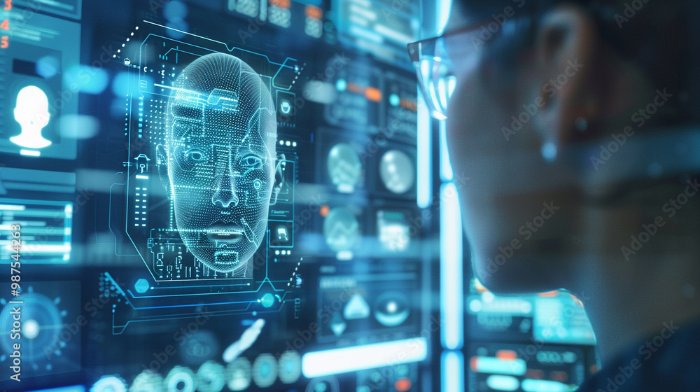 A digital screen displaying real-time video analysis, recognizing and labeling objects through ...