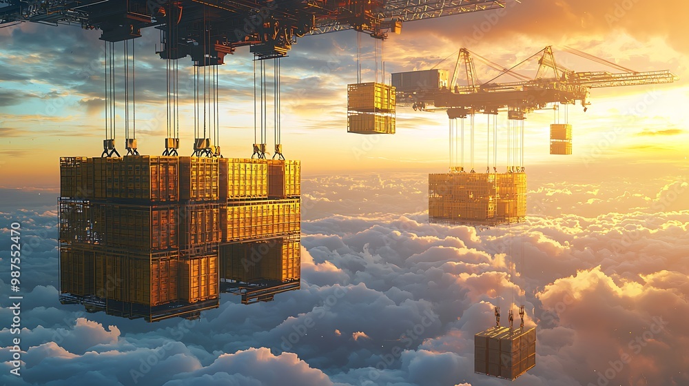 Futuristic Robotic Cranes in Cloud Warehouse Handling Golden Crates for ...