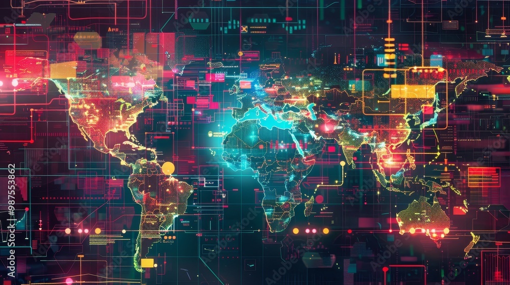 Imaginative illustration of a computer interface overlaying a colorful world map as a digital ...