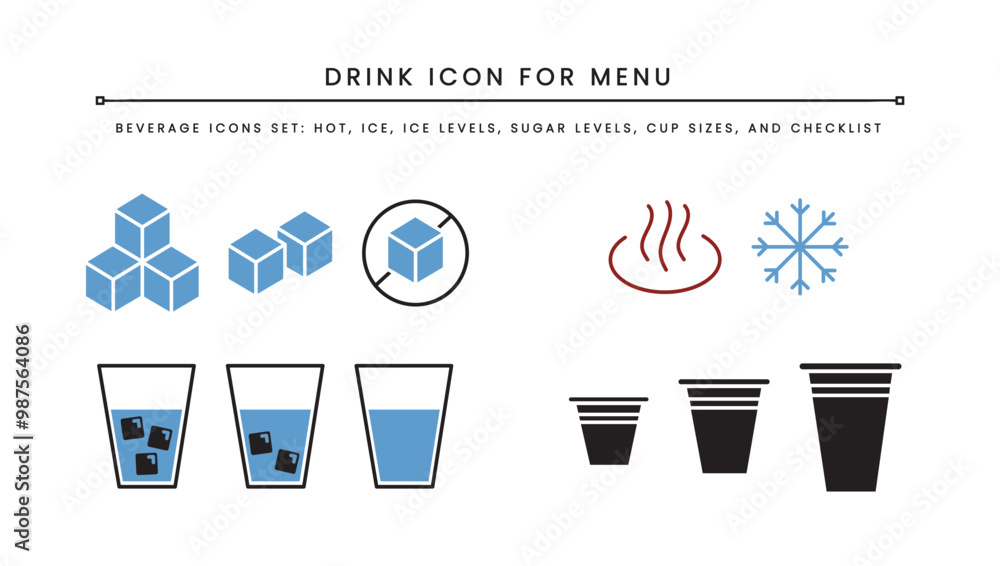 Drink Beverages Icon Set for Menu. Hot Ice, Cup sizes, sugar levels ...