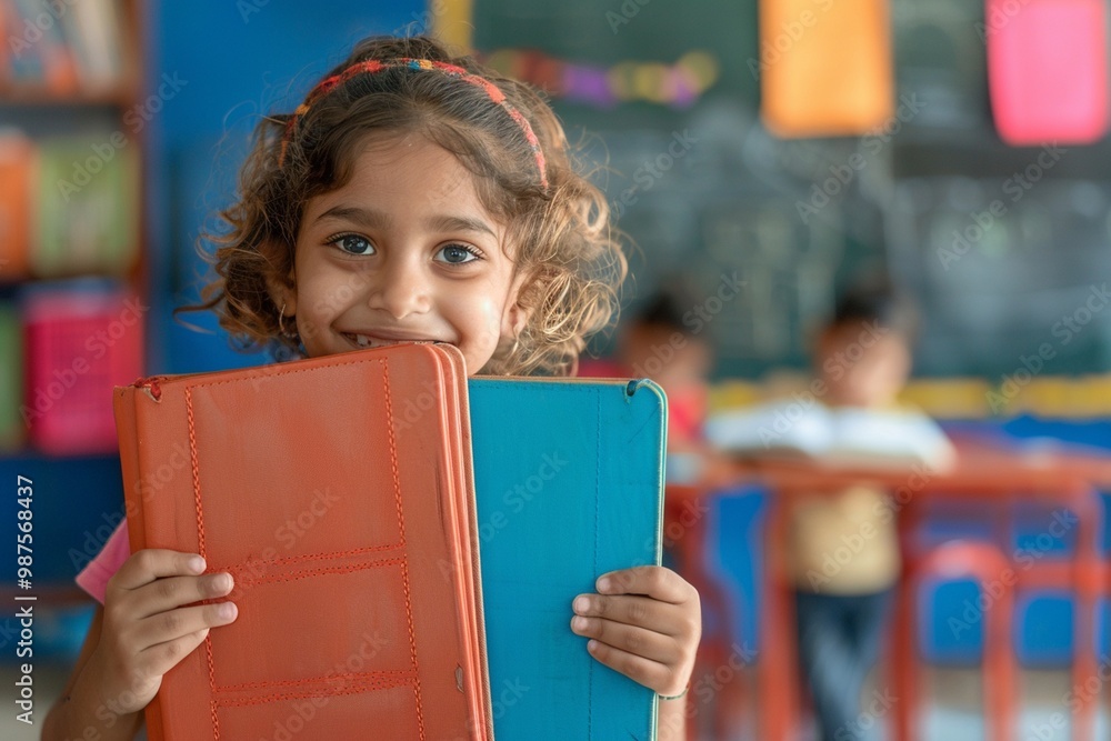 Classroom setting where cheerful girl proudly shows off her colorful ...