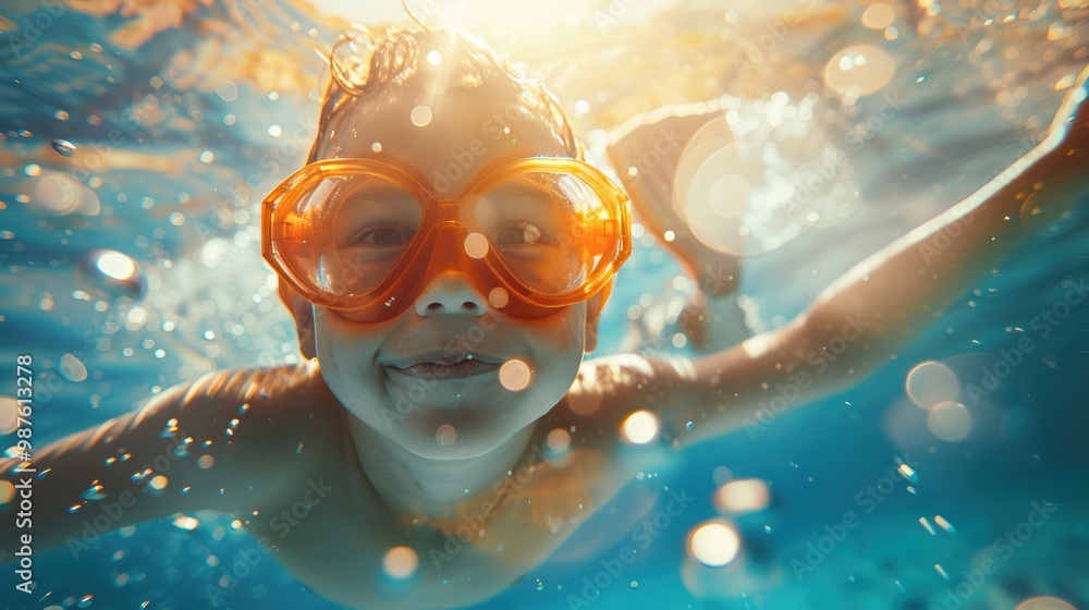 Cute smiling child having fun swimming and diving in the pool at the ...