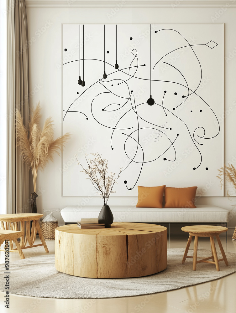 tonal minimalistic living room space with high ceilings and a simple ...