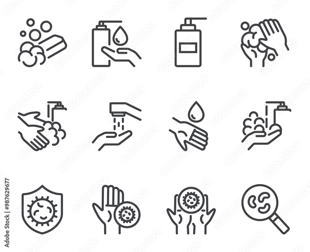 Hand washing line icons. Set of outline symbols, simple graphic ...