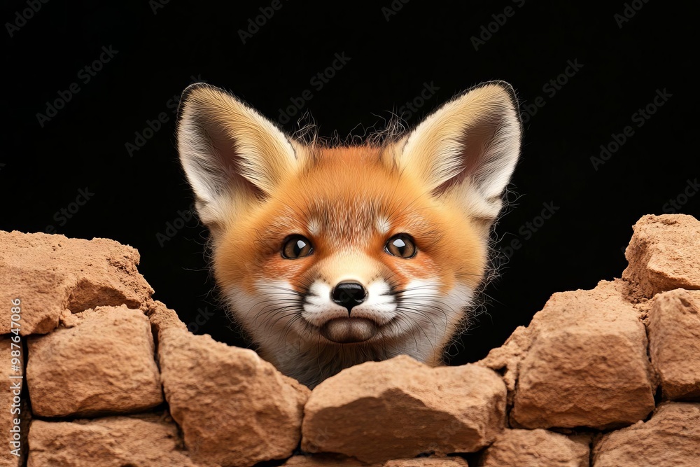 Adorable Baby Fox Peeking from Burrow with Soft Fur and Alert Ears in ...