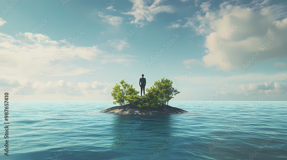 Sad businessman standing alone on tiny island in vast ocean isolation ...