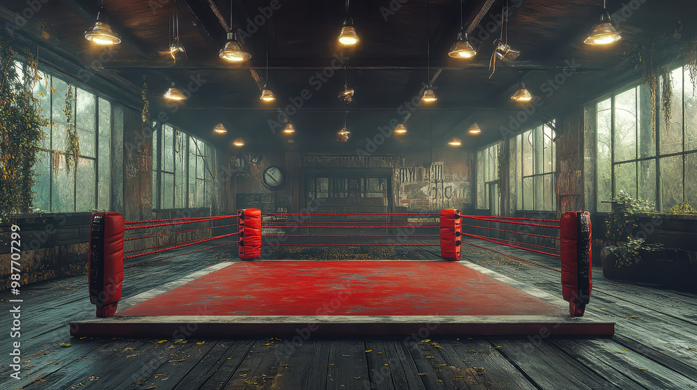 Lofty Abandoned Boxing Ring in Old Industrial Warehouse with Overgrown ...