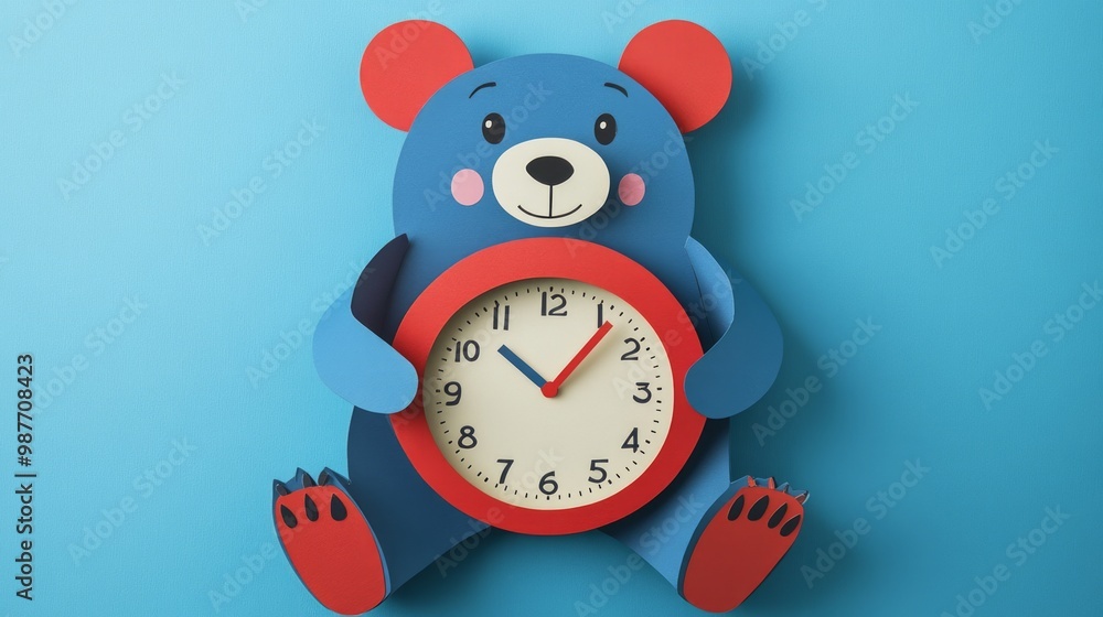Teddy bear holding clock paper cut on blue background fun time-themed ...