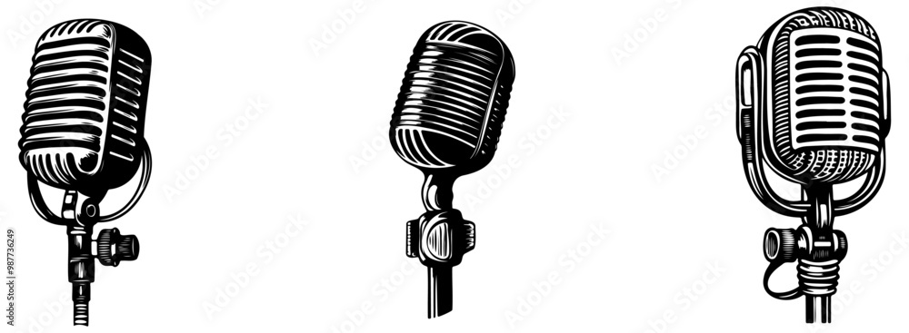 Three vintage microphones are featured, showcasing classic designs and ...