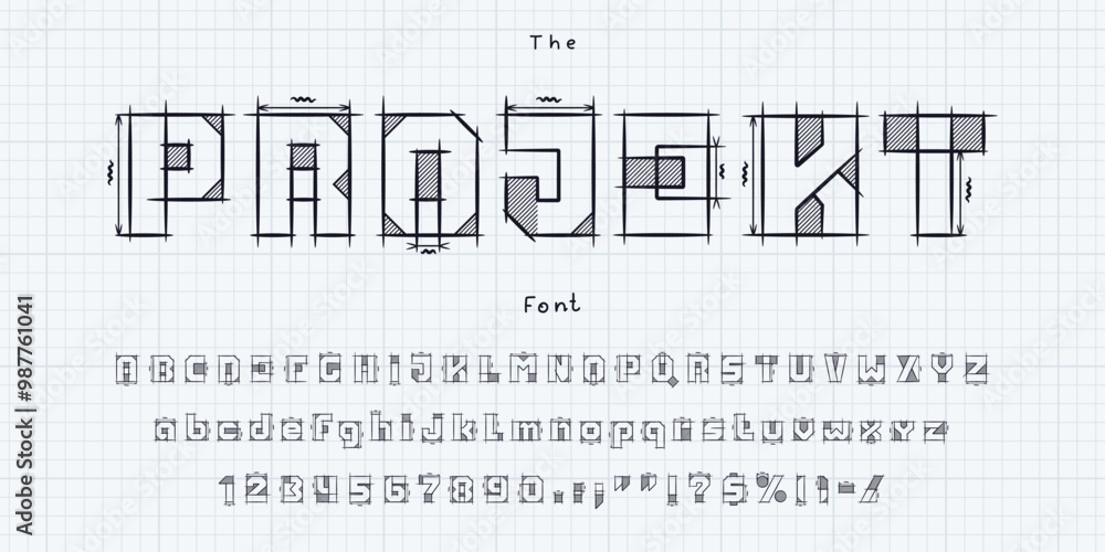 Architect font, technical type, sketch engineer typeface. Vector ...