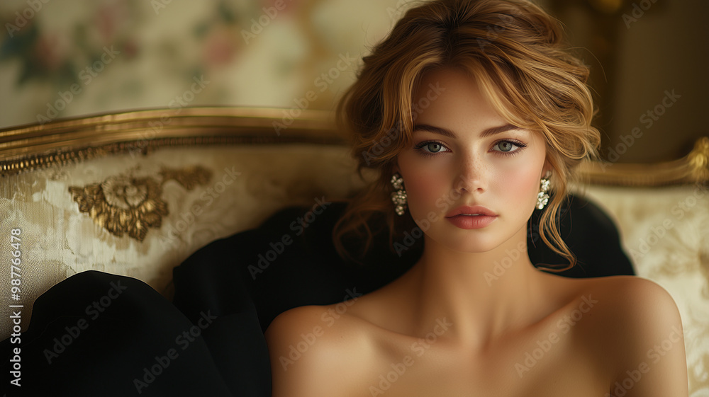 An elegant woman reclining in vintage furniture, a rococo style interior mansion with a closeup ...