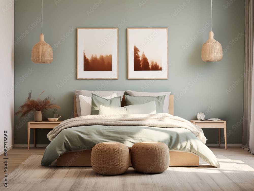 Wabi sabi and japandi japanese style rustic bedroom interior with sage ...