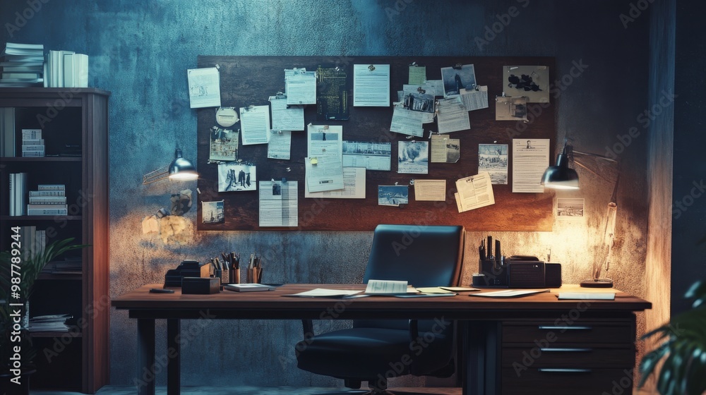 Detective board with clues over desk in police archive, crime scene ...