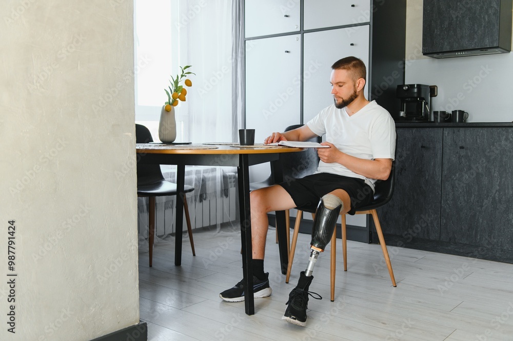 Man amputee with prosthetic leg disability on above knee transfemoral ...