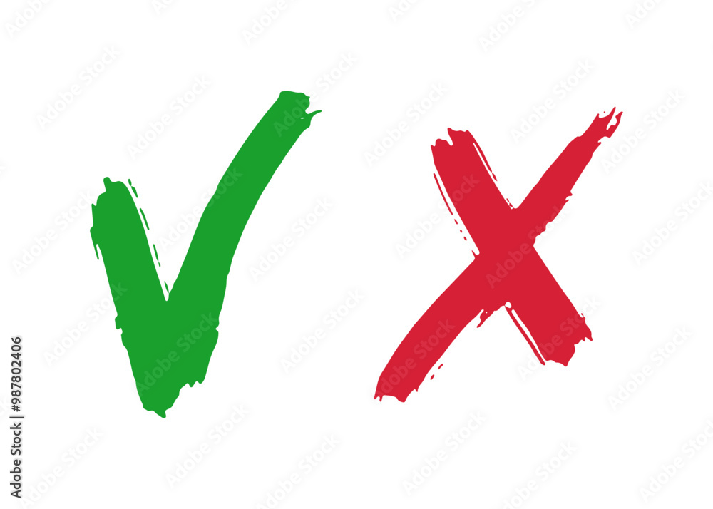 Hand drawn checklist symbols. Green check mark and red cross mark ...