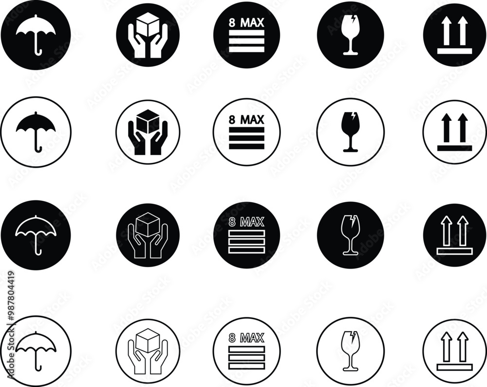 Sticker fragile handle with care, black fragile warning label, label with broken glass symbol ...