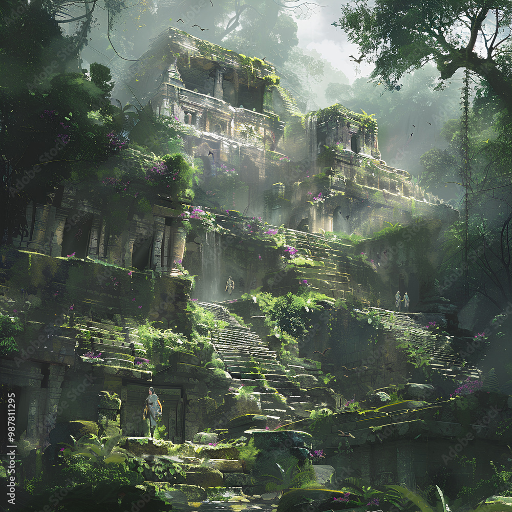 Depict the ruins of an ancient civilization, overgrown with magical ...