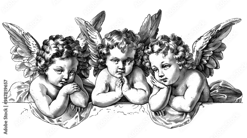 Three cherubs with wings in a detailed black and white illustration ...