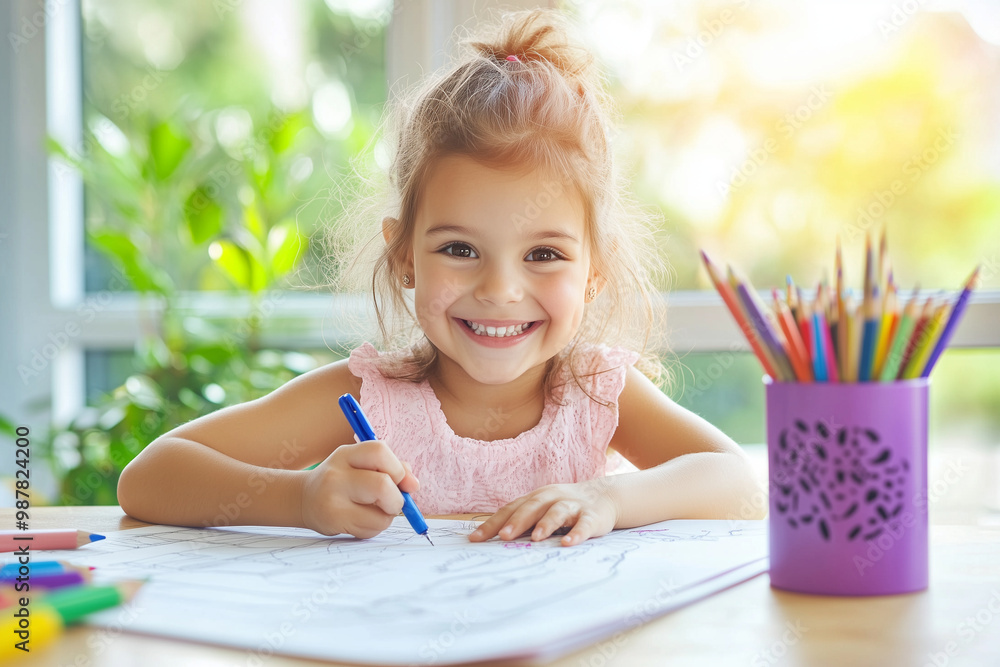 Joyful moments of a young girl creating art while smiling at a sunny ...